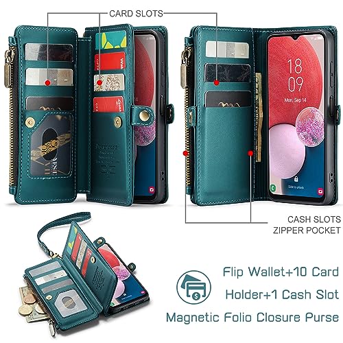 Defencase Galaxy A32 5G Case, RFID Blocking Samsung Galaxy A32 5G Case Wallet for Women Men with Card Holder, Zipper Magnetic Flip PU Leather Protective Samsung Galaxy A32 5G Phone Case, Blue Green