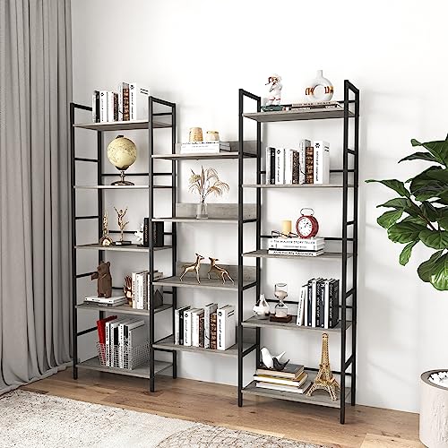 5-Shelf Wide Bookshelves, Industrial Retro Wooden Style Large Open Bookcases, 69.3''L x 11.8''W x 70.1''H, Grey