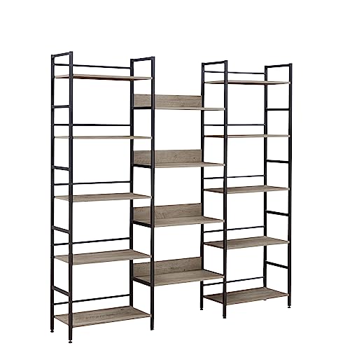 5-Shelf Wide Bookshelves, Industrial Retro Wooden Style Large Open Bookcases, 69.3''L x 11.8''W x 70.1''H, Grey