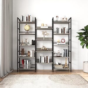 5-Shelf Wide Bookshelves, Industrial Retro Wooden Style Large Open Bookcases, 69.3''L x 11.8''W x 70.1''H, Grey