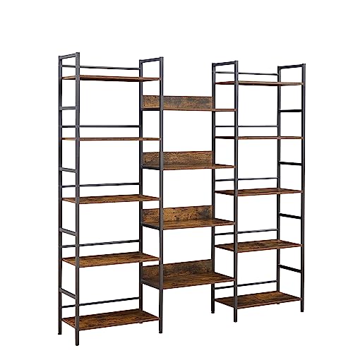 5-Shelf Wide Bookshelves, Industrial Retro Wooden Style Large Open Bookcases, 69.3''L x 11.8''W x 70.1''H, Rustic Brown