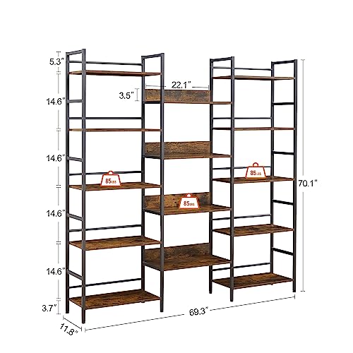 5-Shelf Wide Bookshelves, Industrial Retro Wooden Style Large Open Bookcases, 69.3''L x 11.8''W x 70.1''H, Rustic Brown