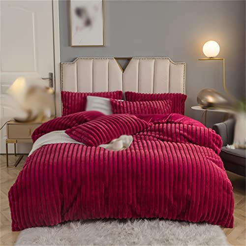 ZHAOLEI Red Super Soft Velvet Vertical Duvet Cover Set Double King Bed 4pcs Plush Bedding Set Flat Sheet Pillow Case (Color : D, Size : 200 * 230cm)