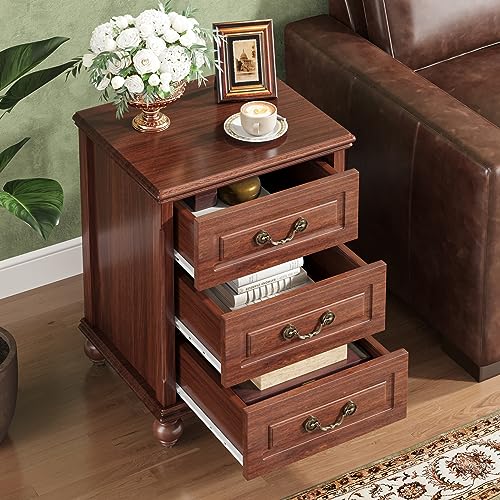 Tribesigns Traditional Nightstand, Mid-Century Night Stand with 3 Drawers, Antique Bedside Table Wood Side Table End Table for Bedrooms, 19.7x16.3x25.8 Inches, Easy Assembly (1PC, Cherry)