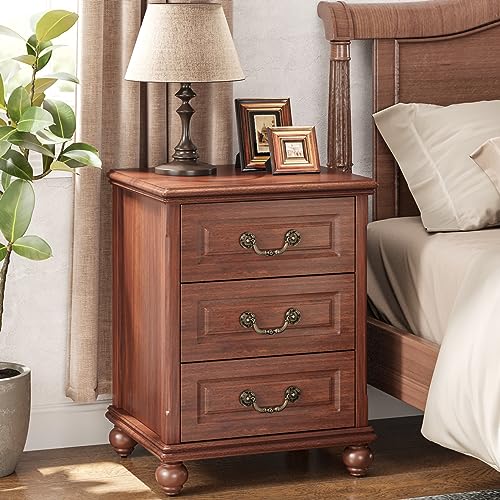 Tribesigns Traditional Nightstand, Mid-Century Night Stand with 3 Drawers, Antique Bedside Table Wood Side Table End Table for Bedrooms, 19.7x16.3x25.8 Inches, Easy Assembly (1PC, Cherry)