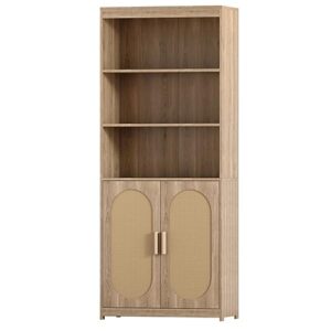 runolig rattan bookshelf cabinet, farmhouse bookcases with 2 rattan doors and 3 open storage shelves, rattan bookcase with anti-tip kit and 4 anti-slip foot pads, tall bookshelf for home