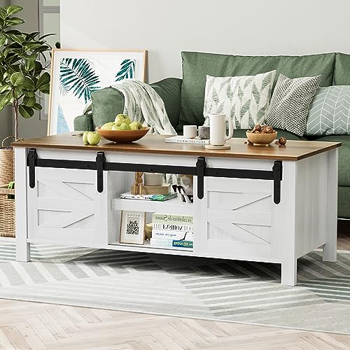 YESHOMY Coffee Table with Sliding Barn Doors & Storage, Wooden Center Rectangular Cabinet with Adjustable Shelves, for Livingroom, Bedroom, Home Office, White