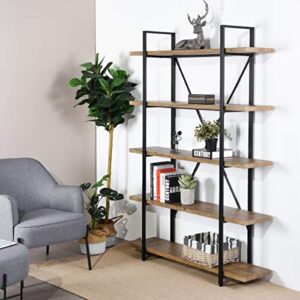 5-tier industrial bookcase with rustic wood and metal frame, large open bookshelf for living room