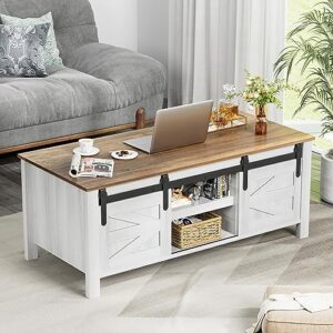 YESHOMY Coffee Table with Sliding Barn Doors & Storage, Wooden Center Rectangular Cabinet with Adjustable Shelves, for Livingroom, Bedroom, Home Office, White