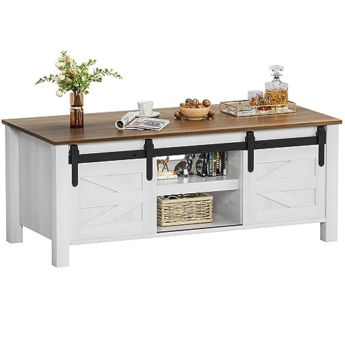 YESHOMY Coffee Table with Sliding Barn Doors & Storage, Wooden Center Rectangular Cabinet with Adjustable Shelves, for Livingroom, Bedroom, Home Office, White