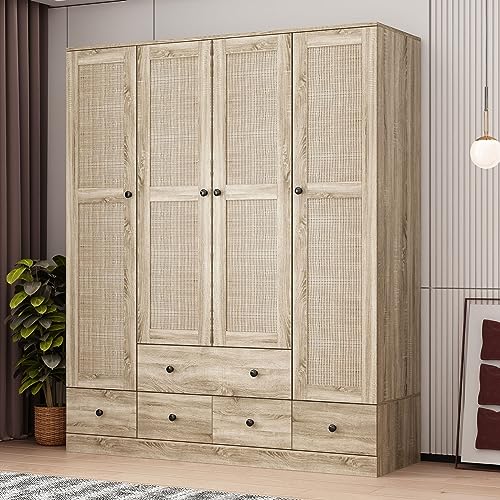 DiDuGo Armoires and Wardrobes 4 Door Wardrobe with Shelves and Drawers, Rattan Door Design, Armoire Wardrobe Closet with 2 Clothing Rods, Oak (59”W x 19”D x 70.4”H)