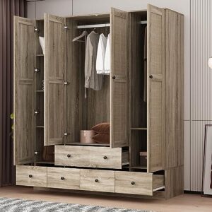 DiDuGo Armoires and Wardrobes 4 Door Wardrobe with Shelves and Drawers, Rattan Door Design, Armoire Wardrobe Closet with 2 Clothing Rods, Oak (59”W x 19”D x 70.4”H)