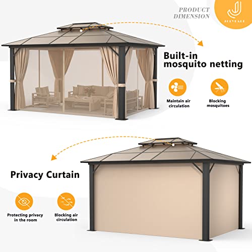 Jolydale 10X13 Hardtop Gazebo, Aluminum Frame with Double Mesh Screen, Brown Curtain and Net,UV Protection, Suitable for Patios, Decks, Gardens