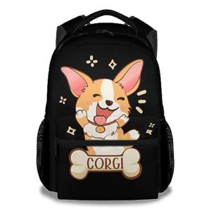 warmrug corgi girls backpack for school, 16 inch black backpacks for kids, cute lightweight bookbag for middle school