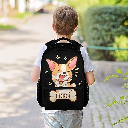 WARMRUG Corgi Girls Backpack for School, 16 inch Black Backpacks for Kids, Cute Lightweight Bookbag for Middle School