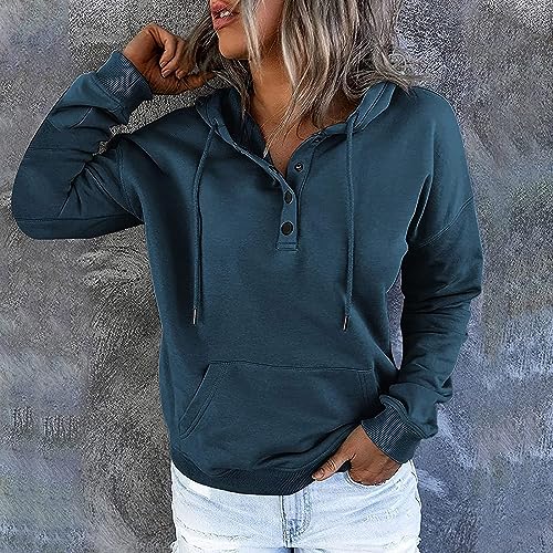 DESKABLY Womens Fashion Hoodie 2023 Button Collar Pullover Drawstring Hooded Sweatshirt Casual Long Sleeve Tops Fall Clothes