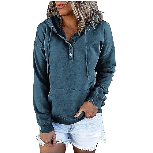 DESKABLY Womens Fashion Hoodie 2023 Button Collar Pullover Drawstring Hooded Sweatshirt Casual Long Sleeve Tops Fall Clothes