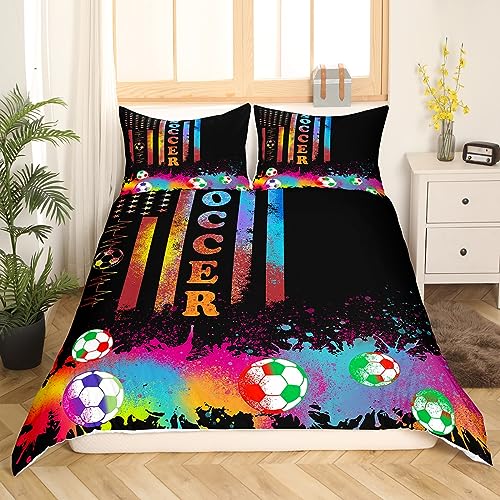 Feelyou Football American Flag Duvet Cover Soccer Ball Game Bedding Set for Kids Boys Girls Watercolor Ball Gaming Comforter Cover Colorful Black Bedspread Cover with 1 Pillowcase 2Pcs Bedding Twin