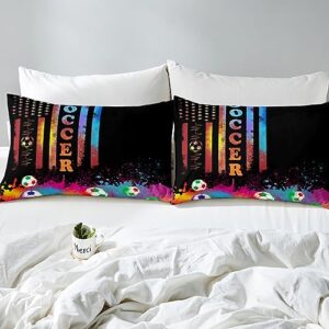 Feelyou Football American Flag Duvet Cover Soccer Ball Game Bedding Set for Kids Boys Girls Watercolor Ball Gaming Comforter Cover Colorful Black Bedspread Cover with 1 Pillowcase 2Pcs Bedding Twin