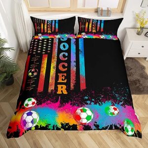 Feelyou Football American Flag Duvet Cover Soccer Ball Game Bedding Set for Kids Boys Girls Watercolor Ball Gaming Comforter Cover Colorful Black Bedspread Cover with 1 Pillowcase 2Pcs Bedding Twin