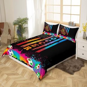 Feelyou Football American Flag Duvet Cover Soccer Ball Game Bedding Set for Kids Boys Girls Watercolor Ball Gaming Comforter Cover Colorful Black Bedspread Cover with 1 Pillowcase 2Pcs Bedding Twin