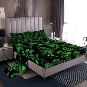 teen gaming bed sheets gamepad game geometric pattern sheet set for kids boys girls green decor bed set eat sleep play gaming sheets room 4pcs full size