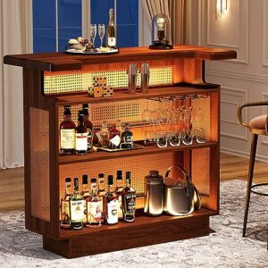 tribesigns rattan home bar unit, farmhouse 4-tier bar table with 4 stemware racks and heightened base, liquor wine bar cabinet mini bar table for home pub, caramel brown