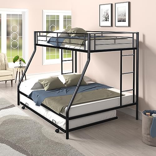 BIADNBZ Twin Over Full Bunk Bed with Trundle, Metal Triple Bunkbeds Frame with Two Ladders and Guardrails, for Kids/Teens Bedroom, Black