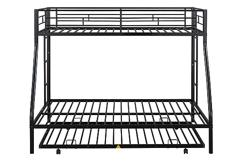 BIADNBZ Twin Over Full Bunk Bed with Trundle, Metal Triple Bunkbeds Frame with Two Ladders and Guardrails, for Kids/Teens Bedroom, Black