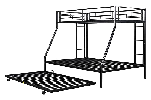 BIADNBZ Twin Over Full Bunk Bed with Trundle, Metal Triple Bunkbeds Frame with Two Ladders and Guardrails, for Kids/Teens Bedroom, Black