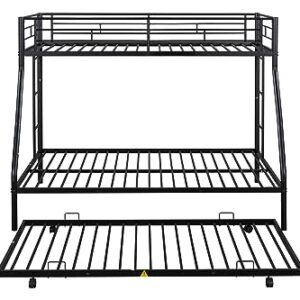 BIADNBZ Twin Over Full Bunk Bed with Trundle, Metal Triple Bunkbeds Frame with Two Ladders and Guardrails, for Kids/Teens Bedroom, Black