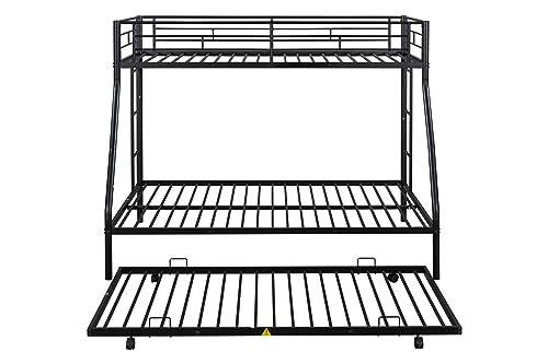 BIADNBZ Twin Over Full Bunk Bed with Trundle, Metal Triple Bunkbeds Frame with Two Ladders and Guardrails, for Kids/Teens Bedroom, Black