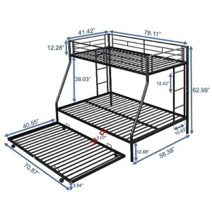 BIADNBZ Twin Over Full Bunk Bed with Trundle, Metal Triple Bunkbeds Frame with Two Ladders and Guardrails, for Kids/Teens Bedroom, Black