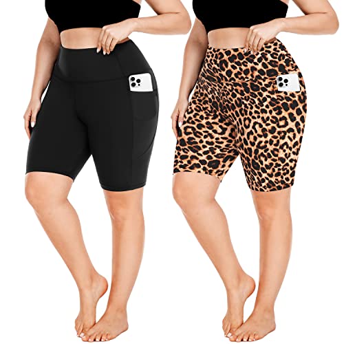 Plus Size Biker Shorts for Women-High Waist X-Large-4X Tummy Control Womens Shorts with Pockets Leggings Shorts for Yoga Workout (2 Pack Black/Leopard,XXX-Large)