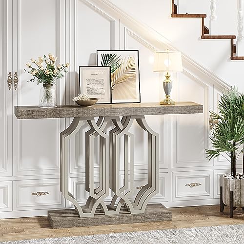 Tribesigns 55 Inches Console Table, Farmhouse Entryway Hallway Table with Geometric Metal Legs, Retro Vintage Foyer Table Accent Table for Entrance, Living Room