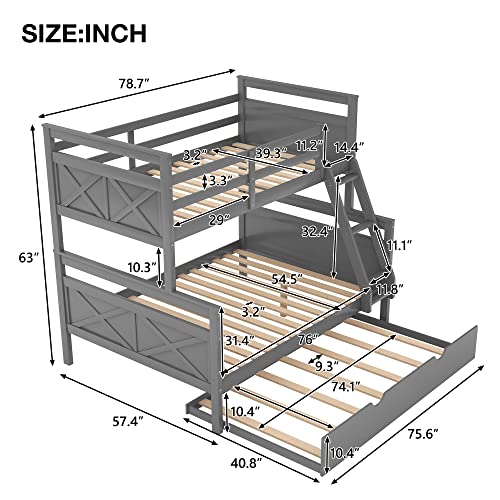 DEYOBED Twin Over Full Wooden Bunk Bed with Trundle Converted into 2 Beds for Kids Teens