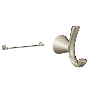 moen preston collection brushed nickel 24-inch bathroom single towel bar, wall mounted hand or body towel rack, dn8424bn & yb2303bn glyde robe hook, brushed nickel