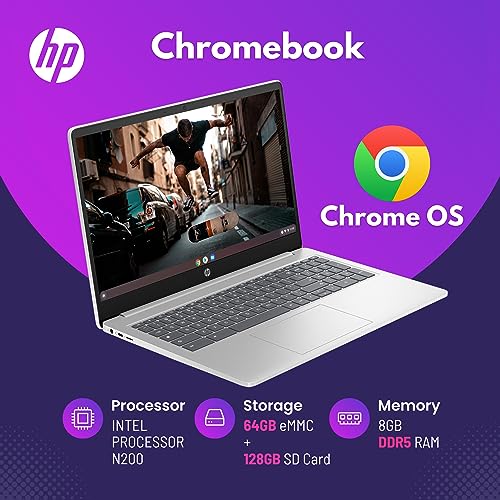 HP Chromebook 2023, 15.6" HD Display, Intel Processor N200 CPU(>i3-10110U,Upto 3.7 GHz), DDR5 8GB RAM - 64GB eMMc Storage + 128GB SD Card, HD Webcam, Numeric Keyboard, Long Battery, Chrome OS, Silver