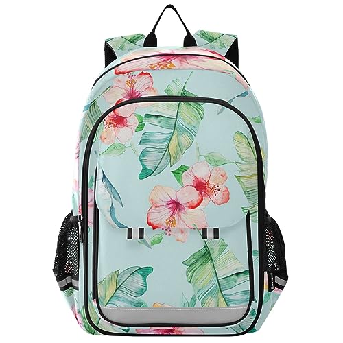 Joisal Tropical Leaves Hibiscus Flowers Middle School Backpacks for Girls Durable Kids Backpack Travel Ages 6-12