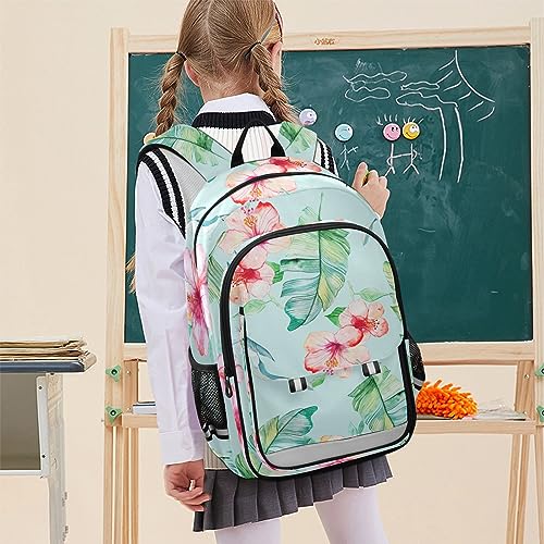 Joisal Tropical Leaves Hibiscus Flowers Middle School Backpacks for Girls Durable Kids Backpack Travel Ages 6-12