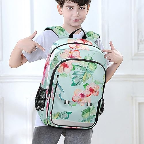 Joisal Tropical Leaves Hibiscus Flowers Middle School Backpacks for Girls Durable Kids Backpack Travel Ages 6-12