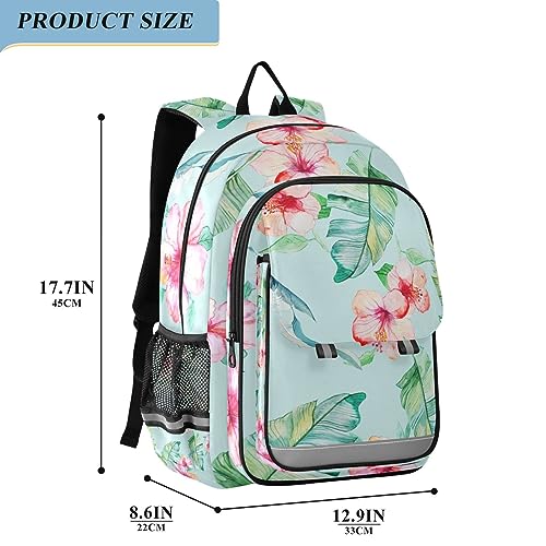 Joisal Tropical Leaves Hibiscus Flowers Middle School Backpacks for Girls Durable Kids Backpack Travel Ages 6-12