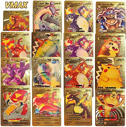 Ultra Rare 55 PCS Gold Cards Packs Vmax DX GX Rare Golden Cards TCG Booster Box Gold Foil Card for Kids Birthday Party Favors Gifts (No Duplicates) (Gold)