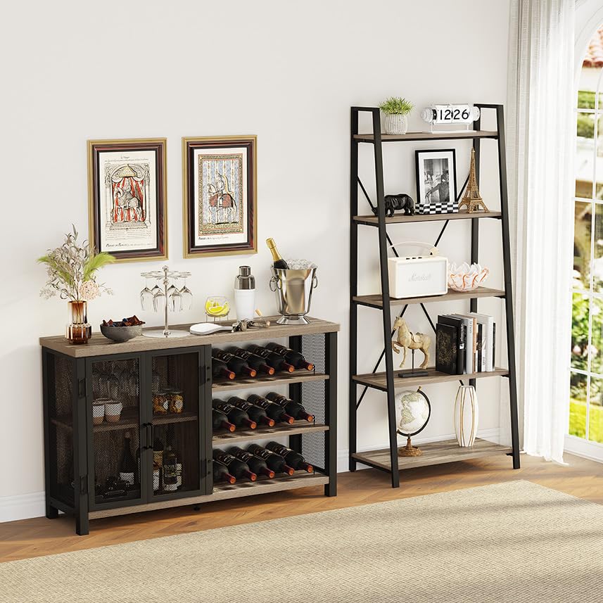 BON AUGURE Rustic 5 Tier Leaning Bookshelf with Liquor Cabinet Bar for Home (Dark Gray Oak)