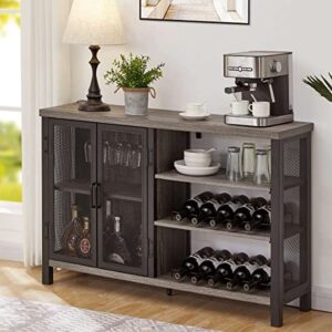 BON AUGURE Rustic 5 Tier Leaning Bookshelf with Liquor Cabinet Bar for Home (Dark Gray Oak)