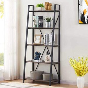 BON AUGURE Rustic 5 Tier Leaning Bookshelf with Liquor Cabinet Bar for Home (Dark Gray Oak)