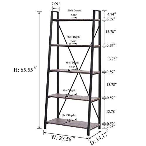 BON AUGURE Rustic 5 Tier Leaning Bookshelf with Liquor Cabinet Bar for Home (Dark Gray Oak)