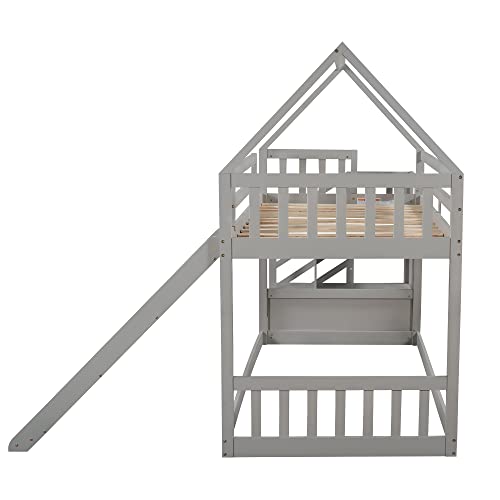 Harper & Bright Designs Low House Bunk Bed with Slide, Wood Twin Over Twin Floor Bunk Bed Frame with Storage Shelves, Roof, Full-Length Guardrail for Toddler, Kids, Boys or Girls, Grey