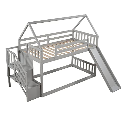 Harper & Bright Designs Low House Bunk Bed with Slide, Wood Twin Over Twin Floor Bunk Bed Frame with Storage Shelves, Roof, Full-Length Guardrail for Toddler, Kids, Boys or Girls, Grey