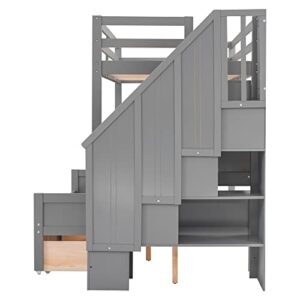 DEYOBED Twin Over Full Wooden Bunk Bed with Storage Shelves Drawers and Staircase for Kids Teens Adults